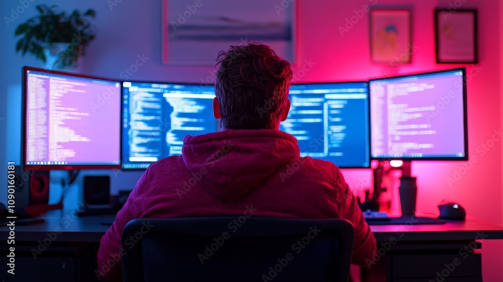 Programmer at Work: A solitary programmer, illuminated by a vibrant ...