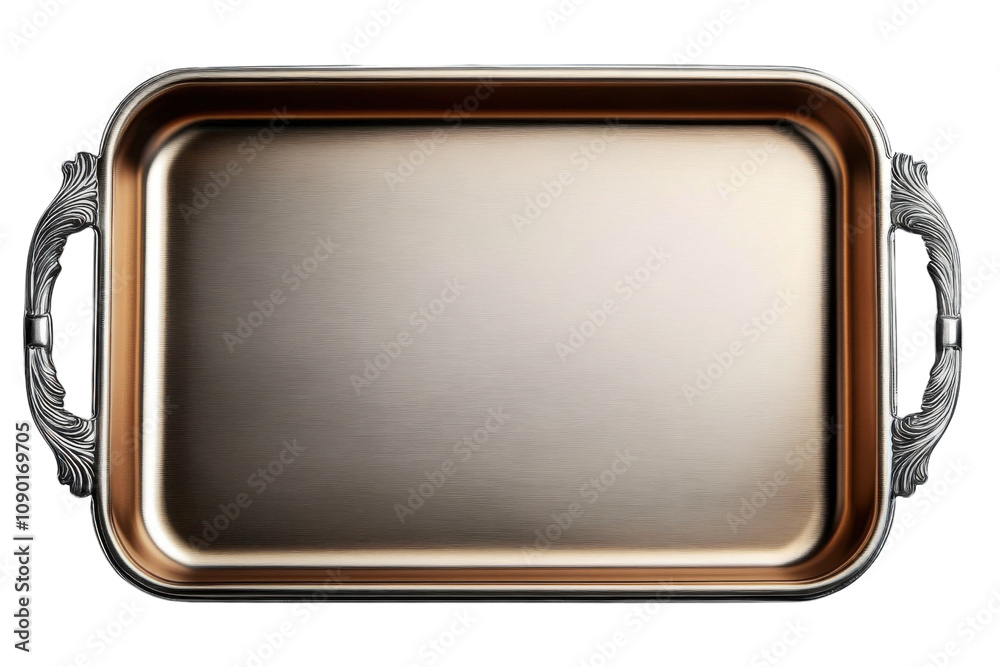 High-quality rectangular metal tray with handles isolated on ...