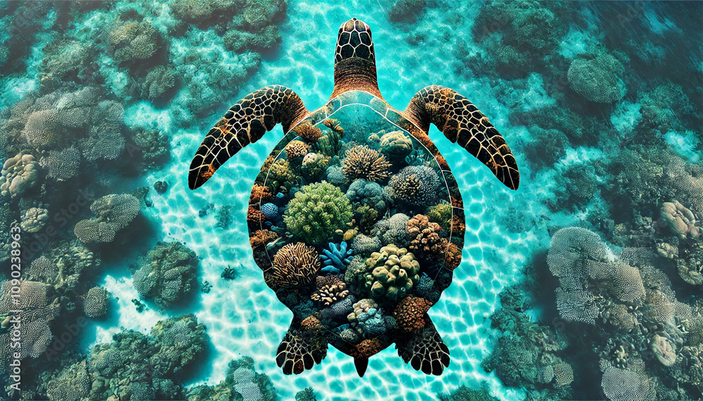 Double Exposure of Sea Turtle and Great Barrier Reef Aerial View Stock ...