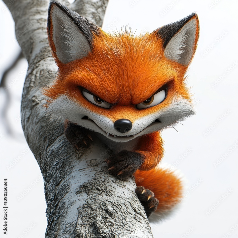 Sly Fox in the Birch Tree: A mischievous, 3D-rendered red fox with ...