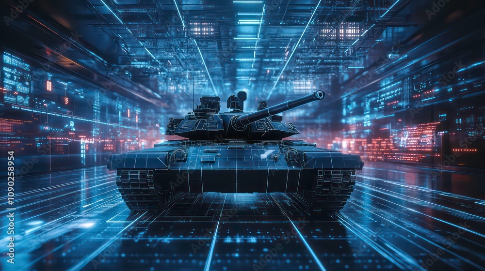 Futuristic 3D Render of a Military Tank with Digital Gridlines in a ...