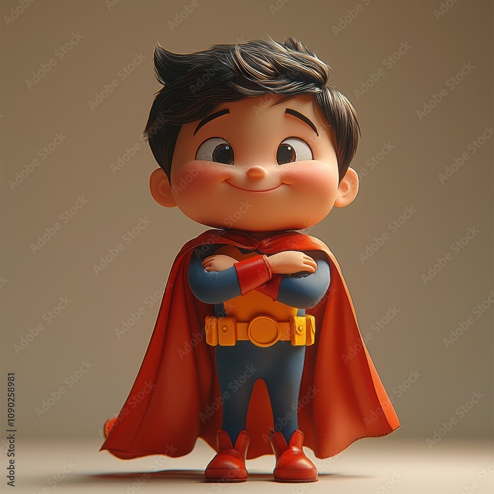 Little Superhero: A charming 3D render of a cute, confident boy in a ...
