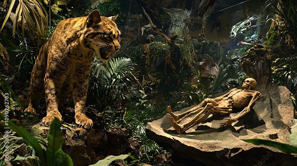 Realistic depiction of a fierce jaguar confronting a skeleton in a lush ...