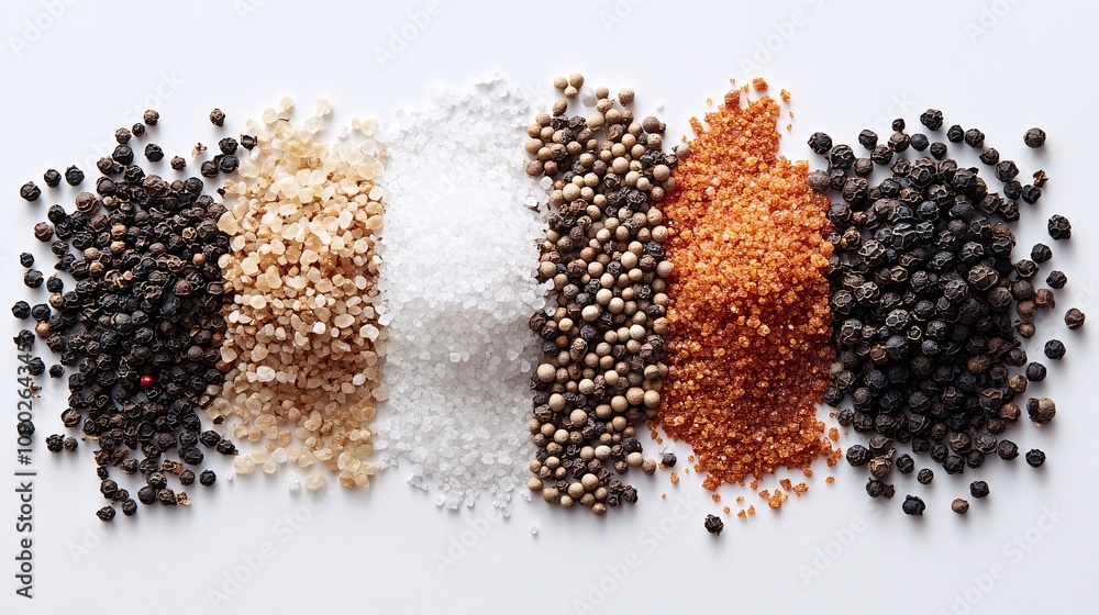 7.An overhead shot of various seasonings, including salt and black ...