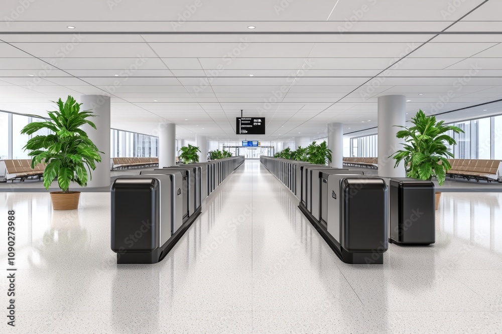Airport security checkpoint rendered in 3D, showing a sleek, modern ...