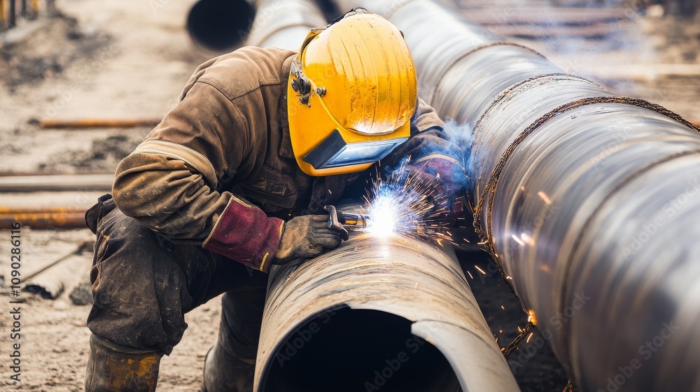 A close-up shot of a welder welding pipelines at a natural gas ...