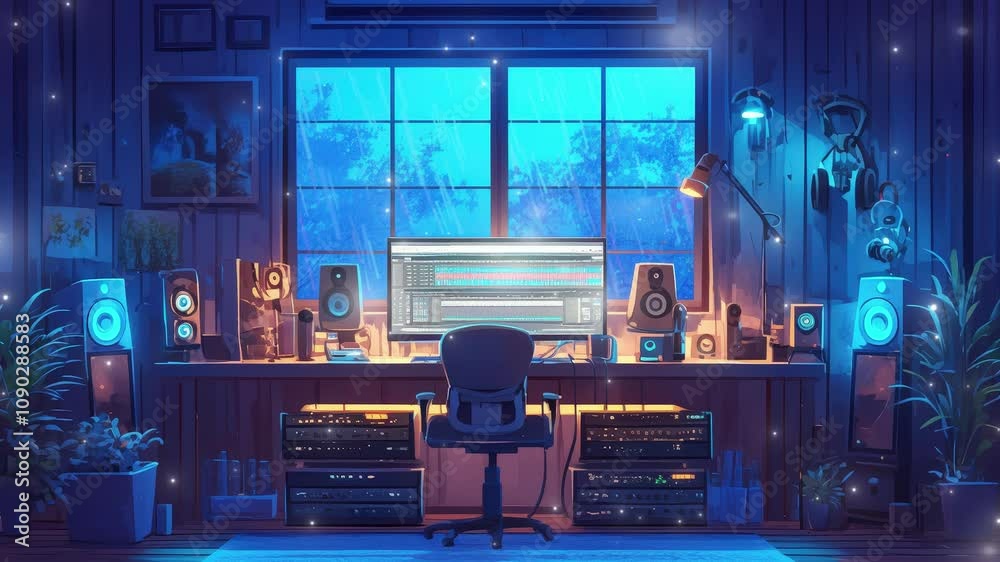 Creative workspace glowing with blue lights and rain outside during a ...