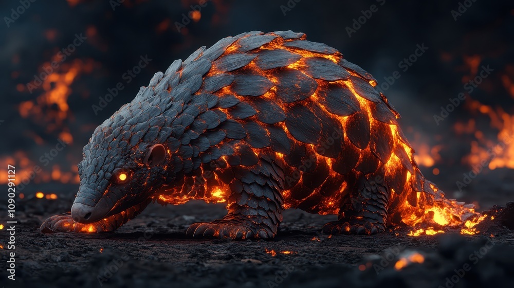 Majestic Armored Creature with Glowing Scales in a Fiery Landscape ...
