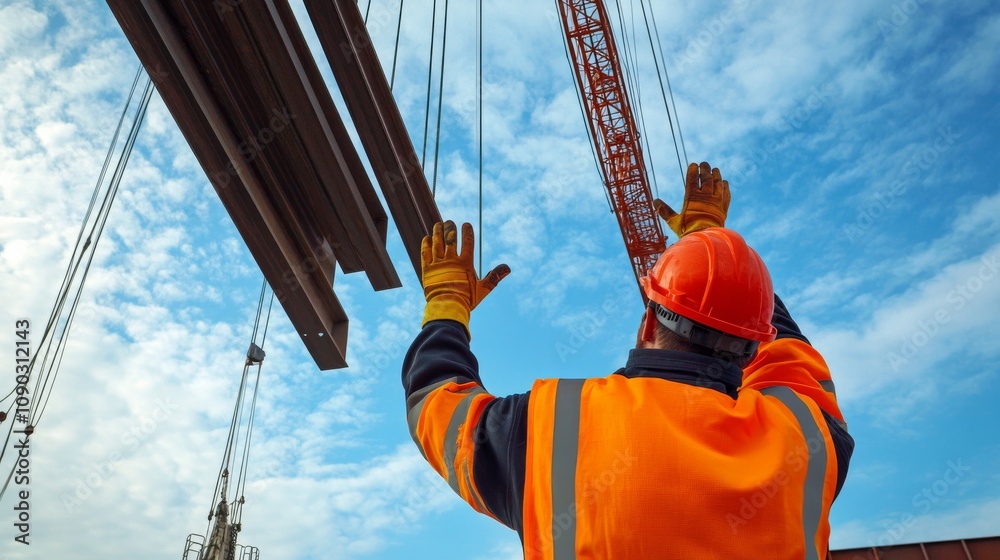 A crane signaler in a bright orange safety vest and gloves, giving hand ...