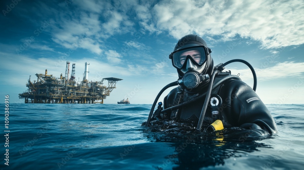 A marine diver in a wetsuit and scuba gear, emerging from the water ...