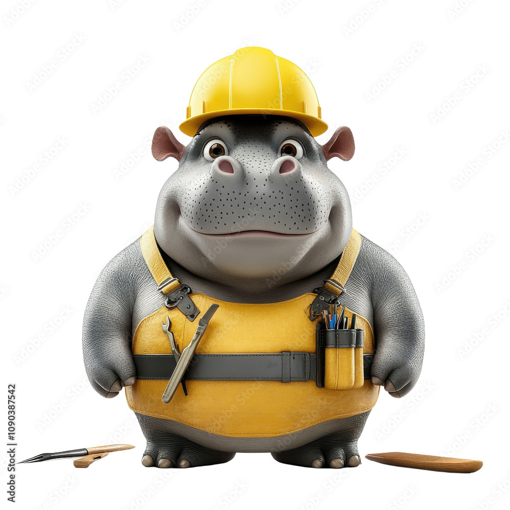 Cartoon Hippo in Construction Gear with Hard Hat and Tools, Ready for ...