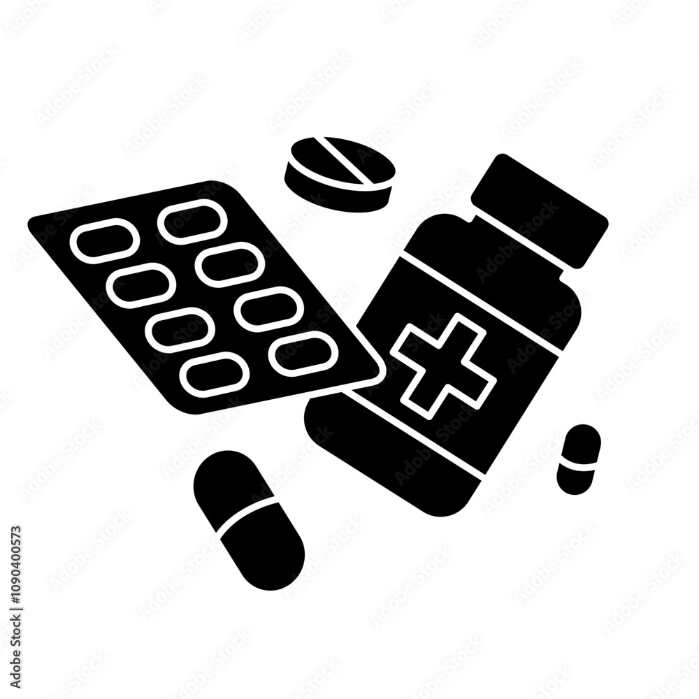 Pills and tablets with bottle icon set. Pill capsule in black line ...