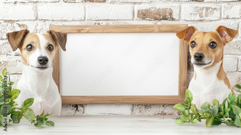 dog background wall by brick minimalist, Two cute dogs pose beside a ...