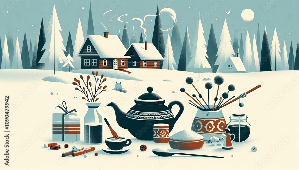 Winter tea setup with teapot, cups, and spices on snowy background with ...