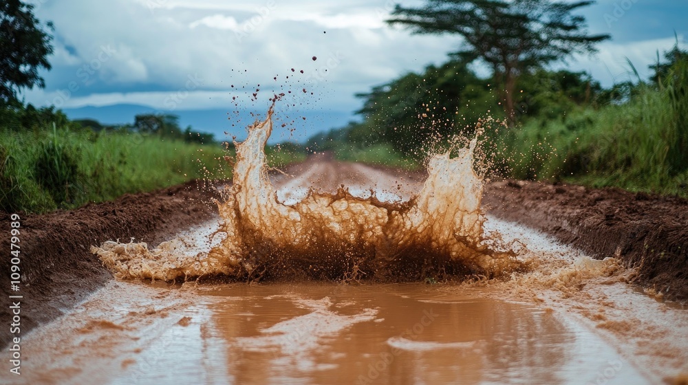 Dynamic splash of muddy water from vehicle wheels on an unpaved road ...