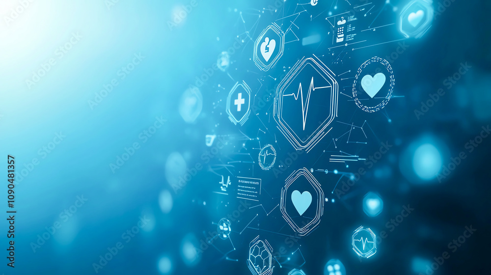 Digital healthcare interface with blue technology icons representing ...