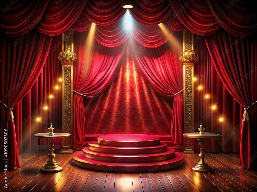 Luxurious Red Velvet Podium with Theatrical Curtains and Spotlight for ...