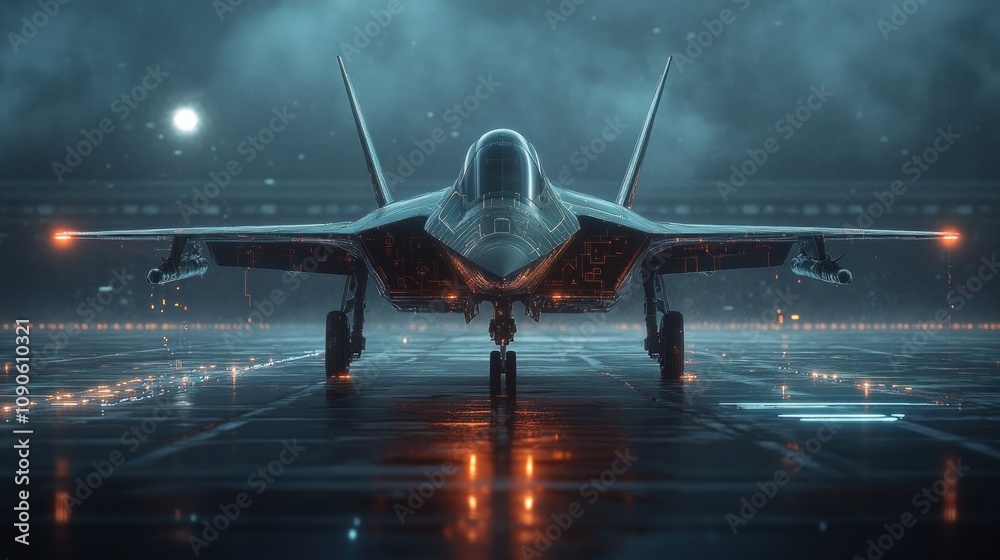 Fotografía A stealth fighter jet sits on a runway at night, ready for ...