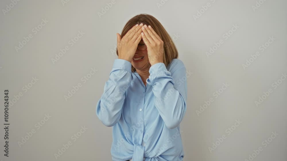 Woman, young, blonde, wearing glasses, standing and peeking with ...