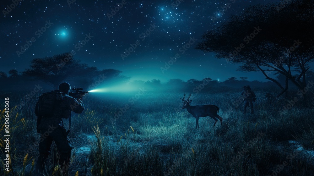 A haunting nighttime scene as poachers use bright spotlights to track ...