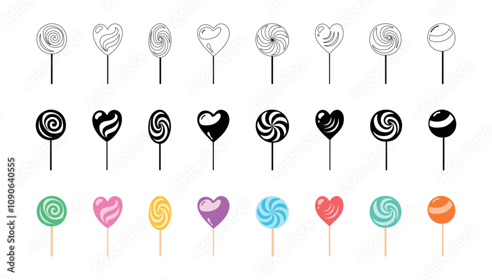 Set of lollipops in various shapes and patterns isolated on white ...