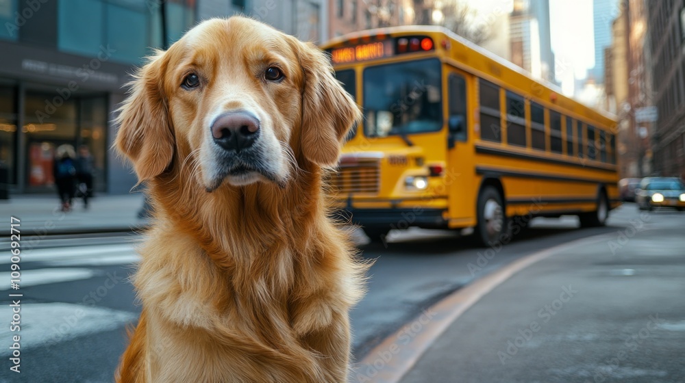 Sad golden retriever on city street in front of school bus Stock Photo ...