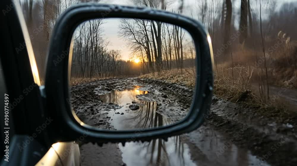 A vehicle's side mirror reflects a muddy path and sunset through trees ...