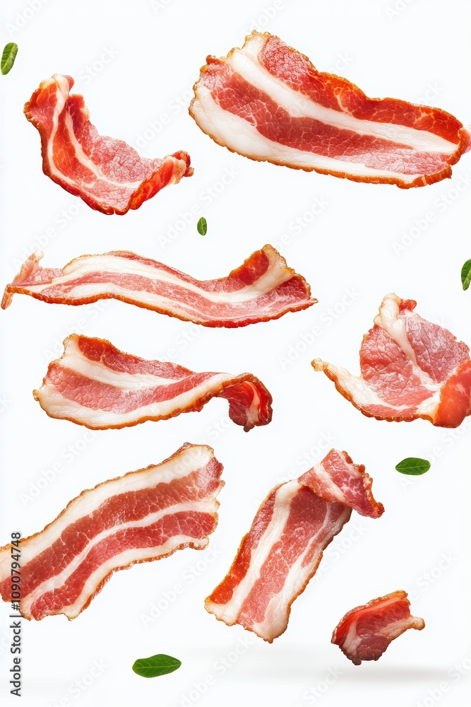 Variety of bacon strips scattered across the white background. The ...