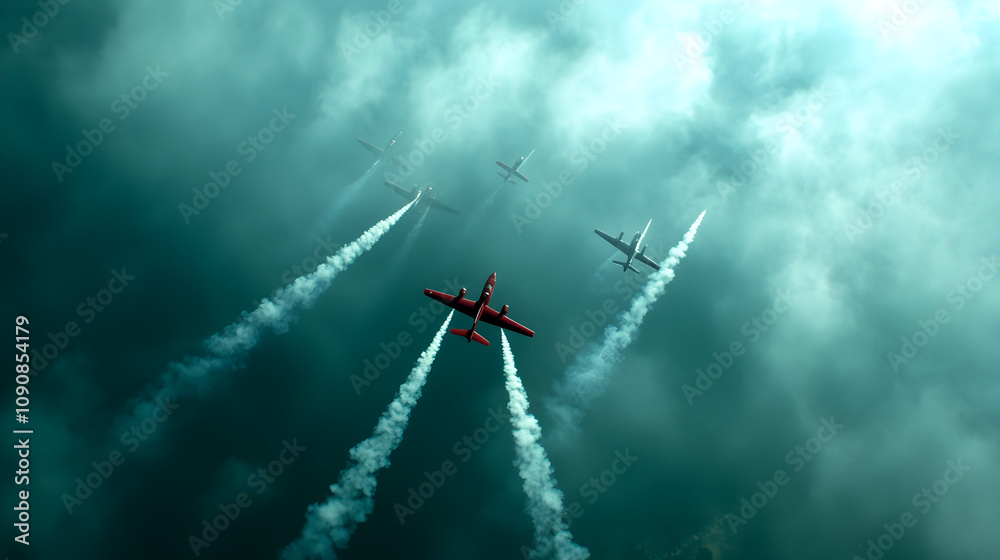An aerial photograph of a historic airshow, with multiple planes ...