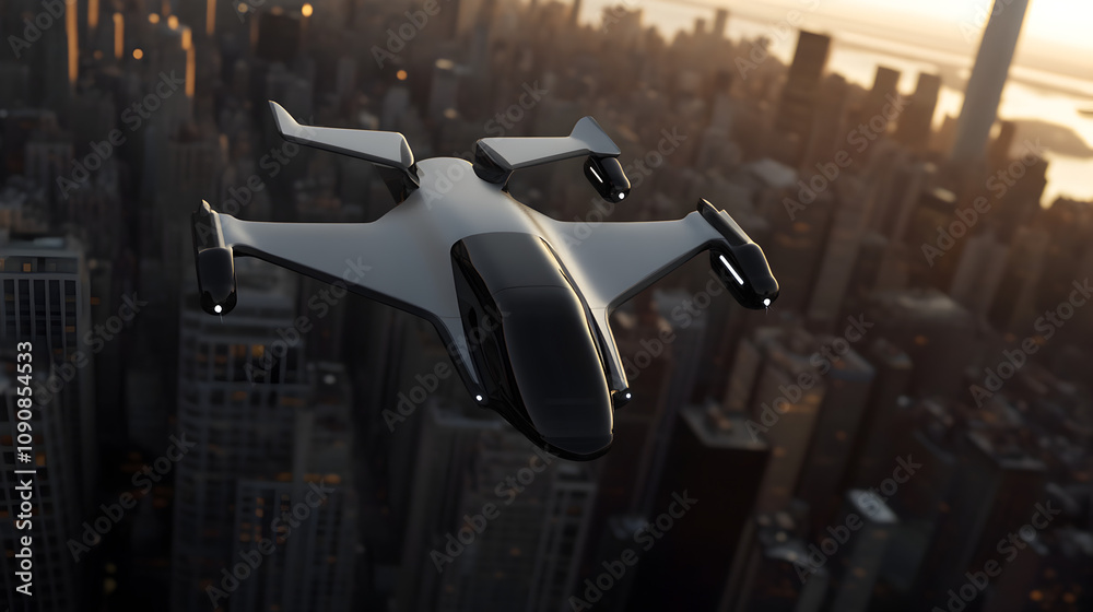 A futuristic concept of an electric vertical takeoff and landing (eVTOL ...