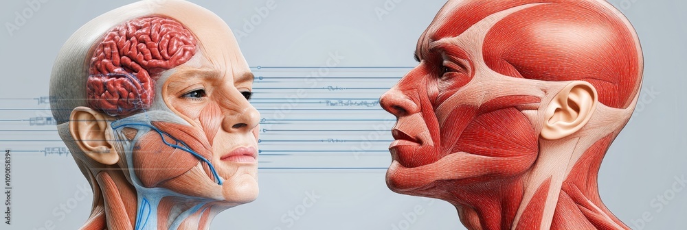 Human Anatomy Detailed 3D Rendering of Facial Muscles and Brain on a ...