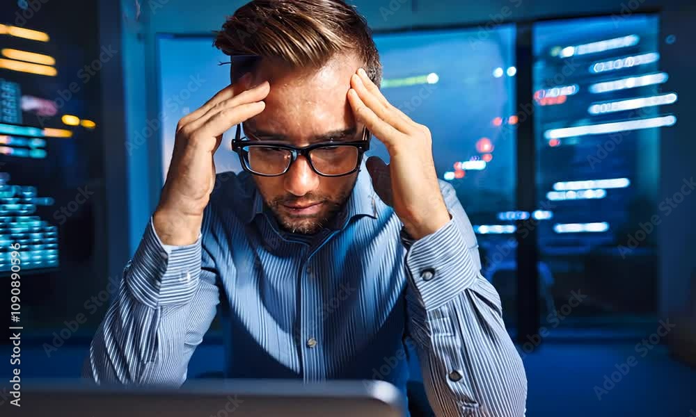 Office worker thoughtfully trying to solve a problem on his computer ...