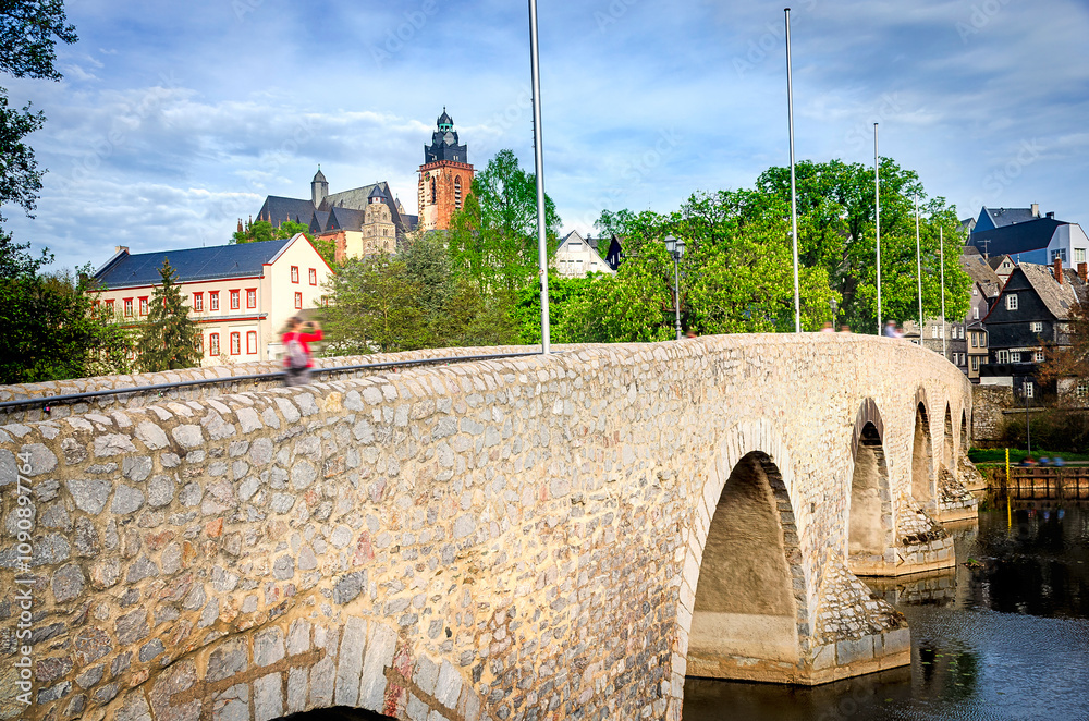 Poster The old Lahn bridge (Lahnbrücke) with the Cathedral at Wetzlar ...