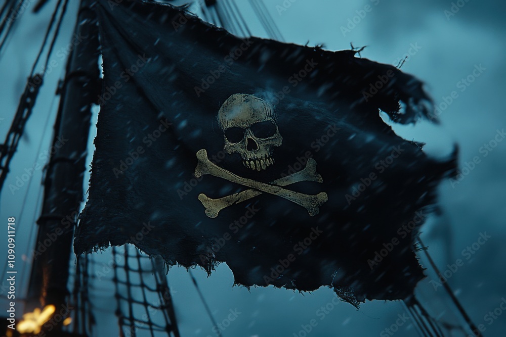A pirate flag with a skull and two crossed swords on it. The flag is ...