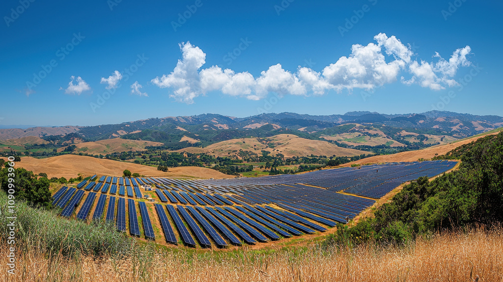 Large community solar farm with rows of solar panels in scenic ...