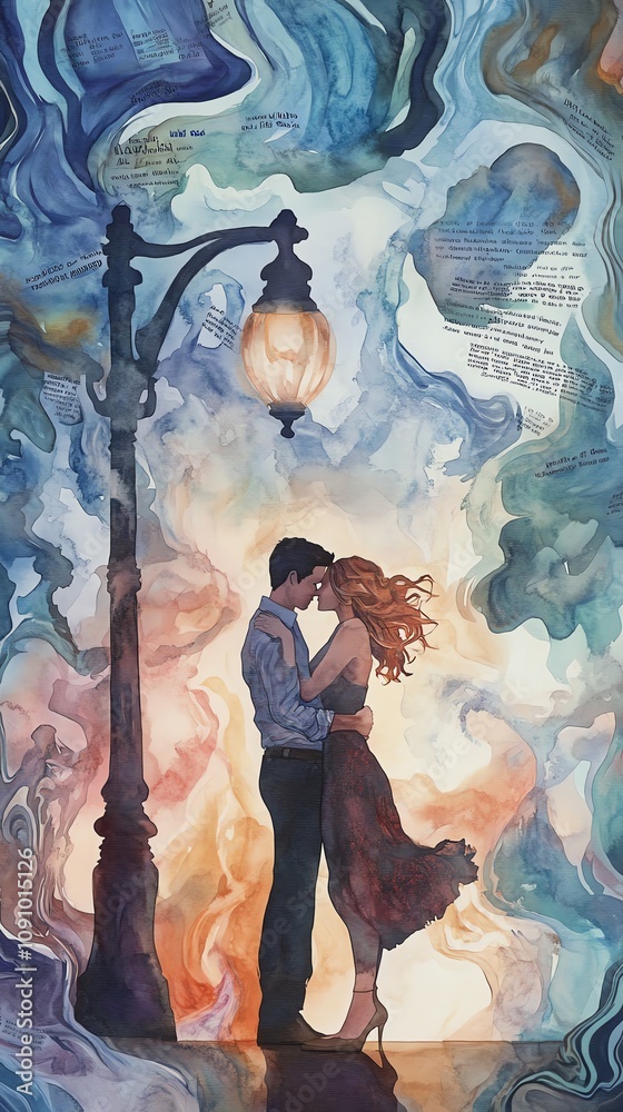 Romantic couple embracing under a streetlamp at sunset. Watercolor ...