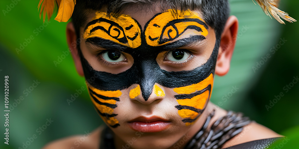 Close up portrait of a teenage boy with traditional mayan face paint ...
