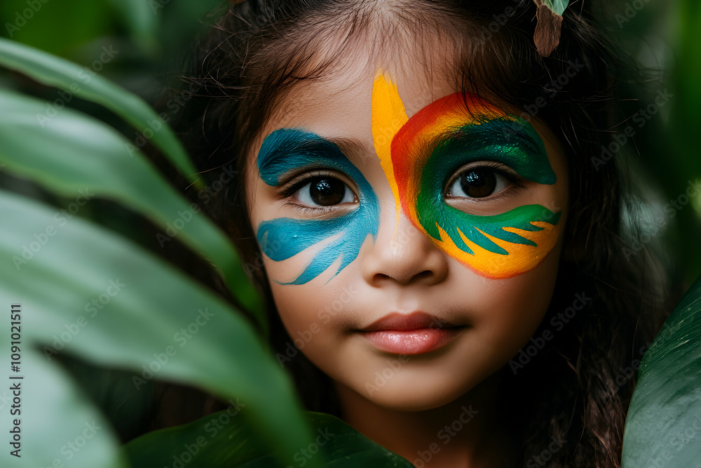 Hiding behind tropical leaves, a young girl shows her colorful ...