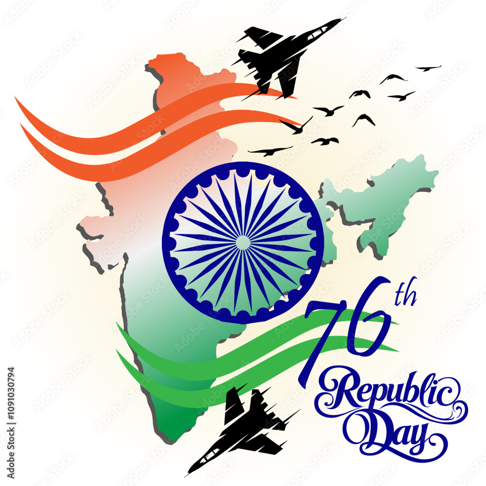India's 76th Republic Day with a Tricolor-filled map Ashoka Chakra at the center fighter jets ...