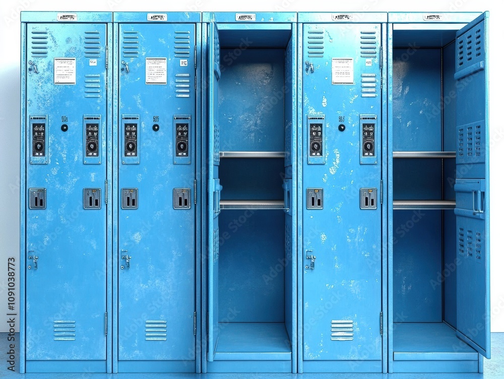 Row of Blue Metal Lockers with Open Doors Showing Empty Interiors for ...