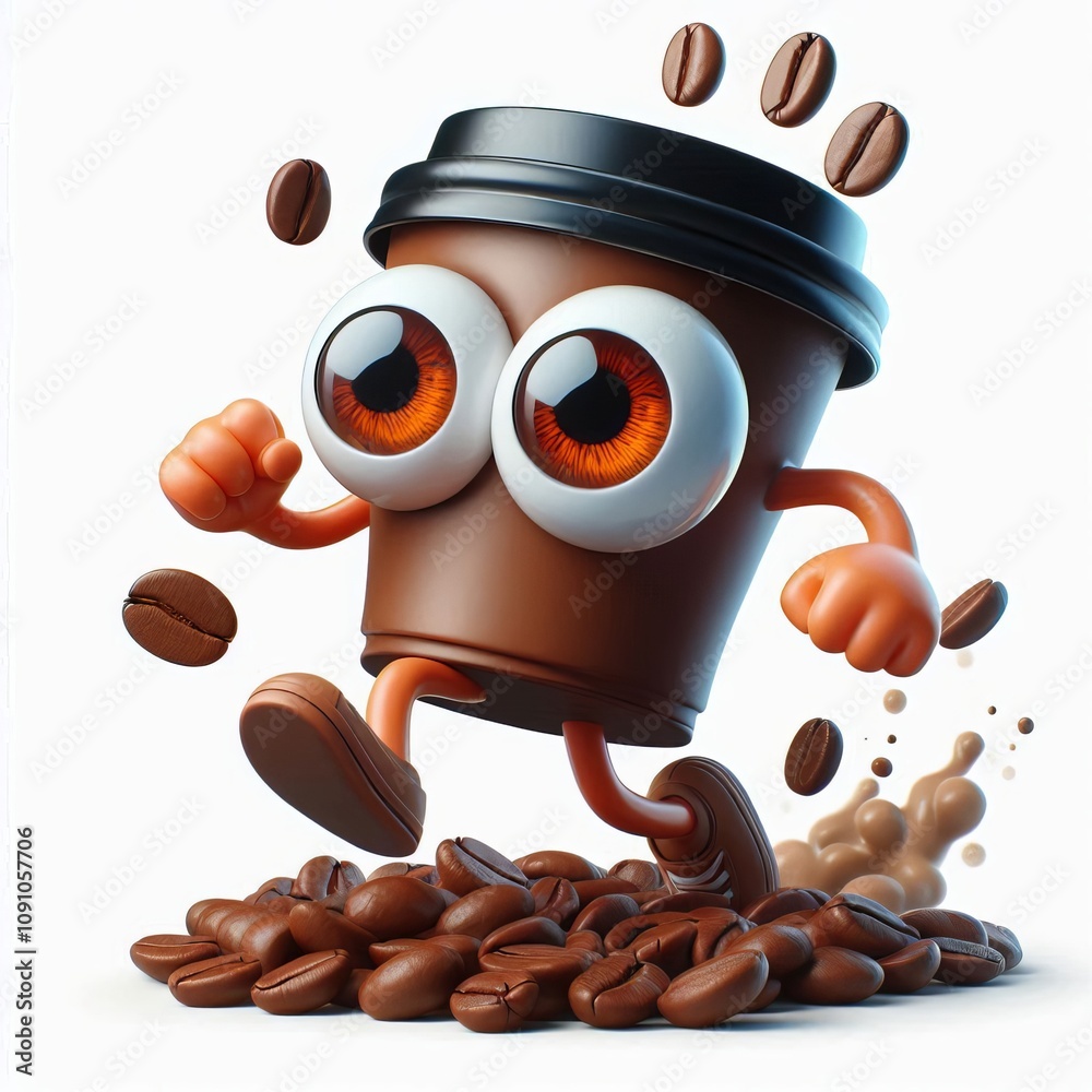 Cartoon coffee cup and coffee beans, jumping eyes, expression of ...