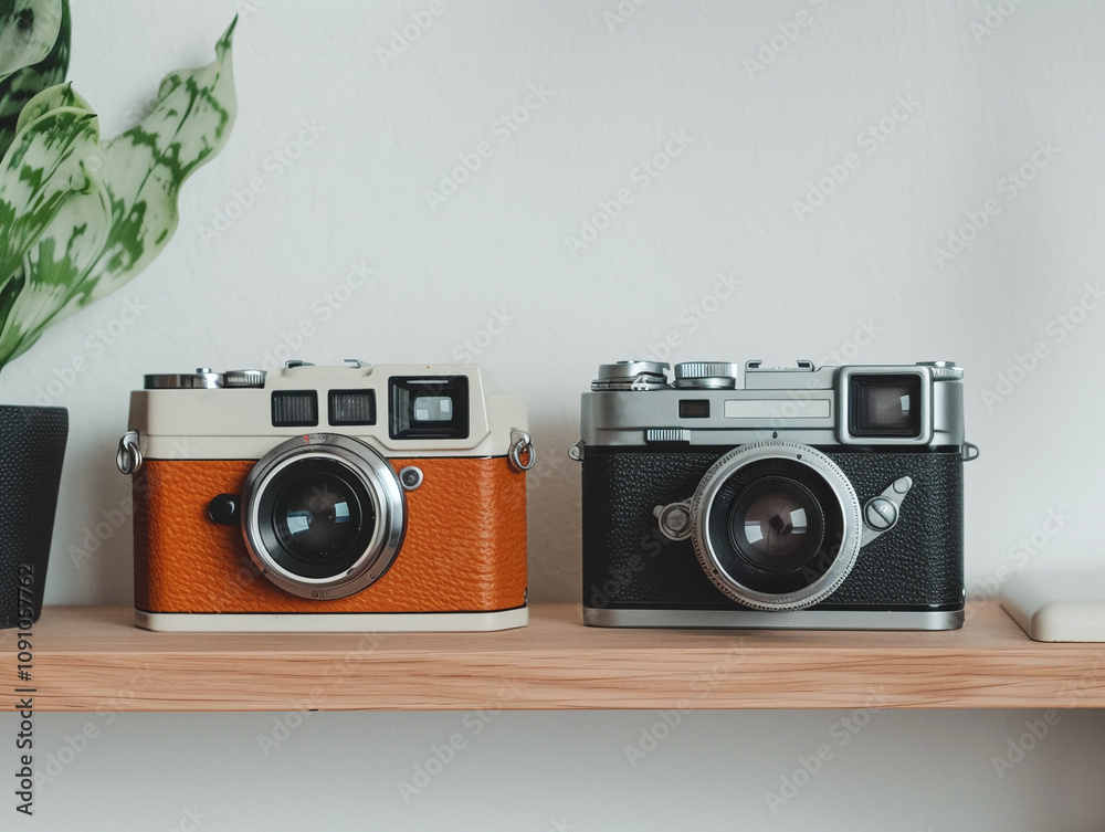 A Vintage camera next to a digital mirrorless camera on a shelf Stock ...