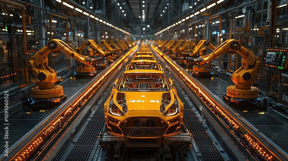 Assembly line of yellow cars being built by robotic arms in a modern ...