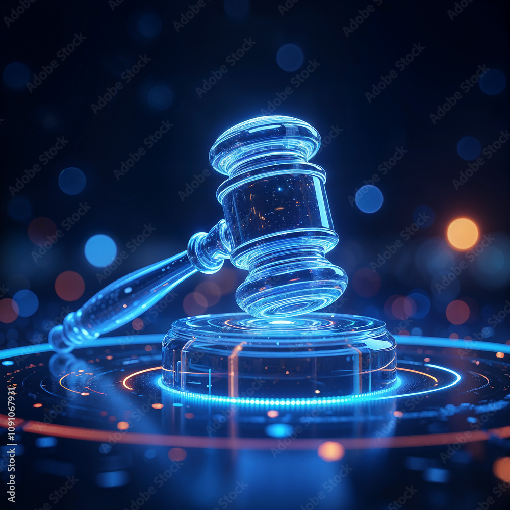 high tech blue and violet Digital glass gavel surrounded by digital ...