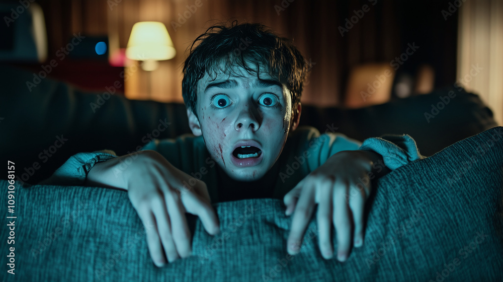 Boy watching a horror movie, gripping the couch cushion, with a ...