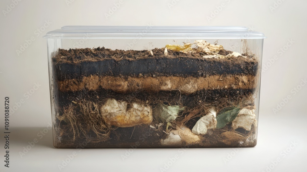A layered compost bin showcases organic materials breaking down into ...