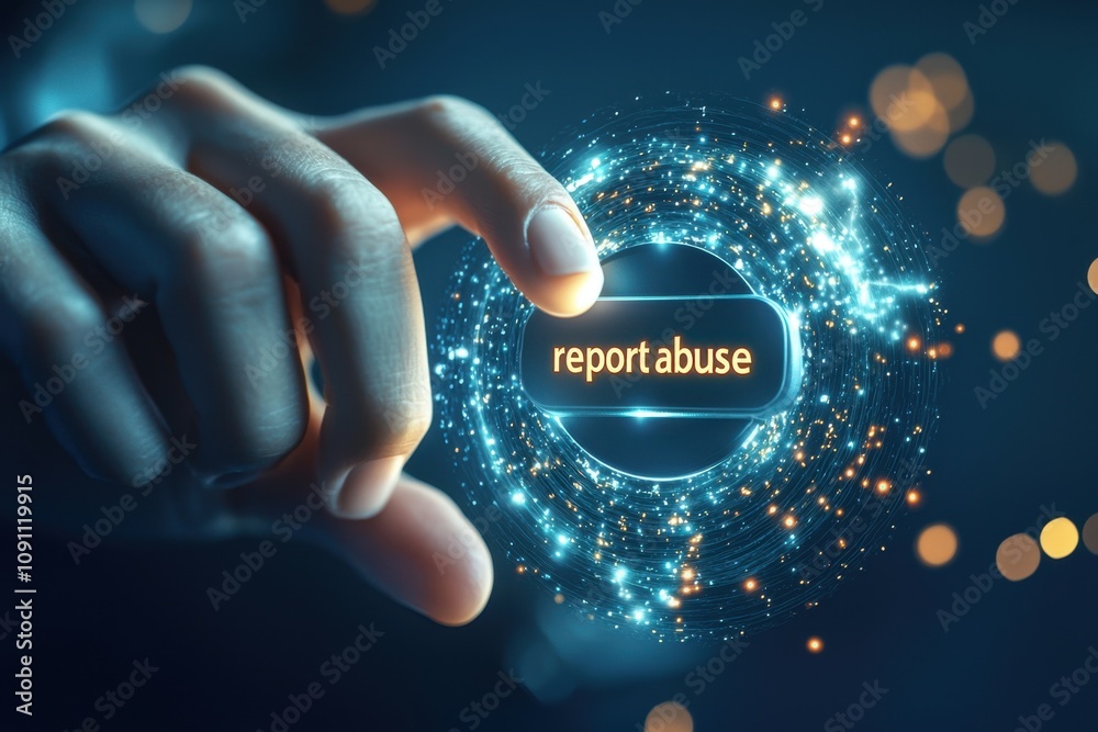 Cyberbullying and online safety concept. Hand reaching for a glowing ...