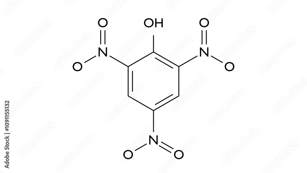 picric acid molecule, structural chemical formula, ball-and-stick model ...