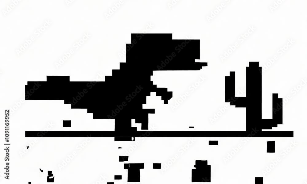 Retro pixelated dinosaur running through a minimalist black and white ...