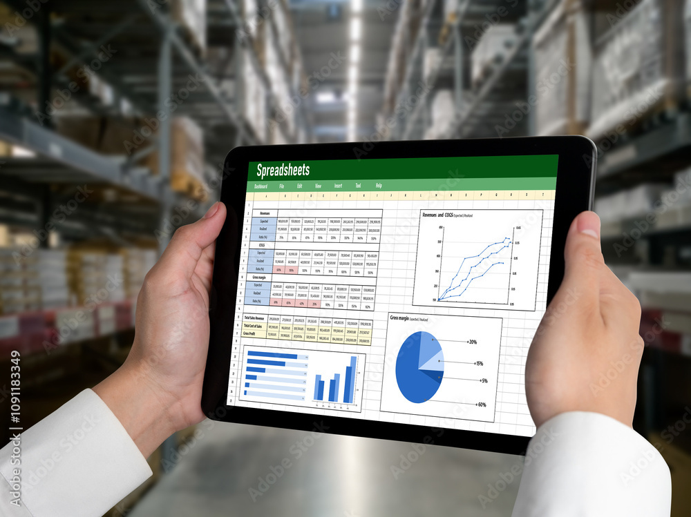 Spreadsheet document information financial startup concept. data and ...